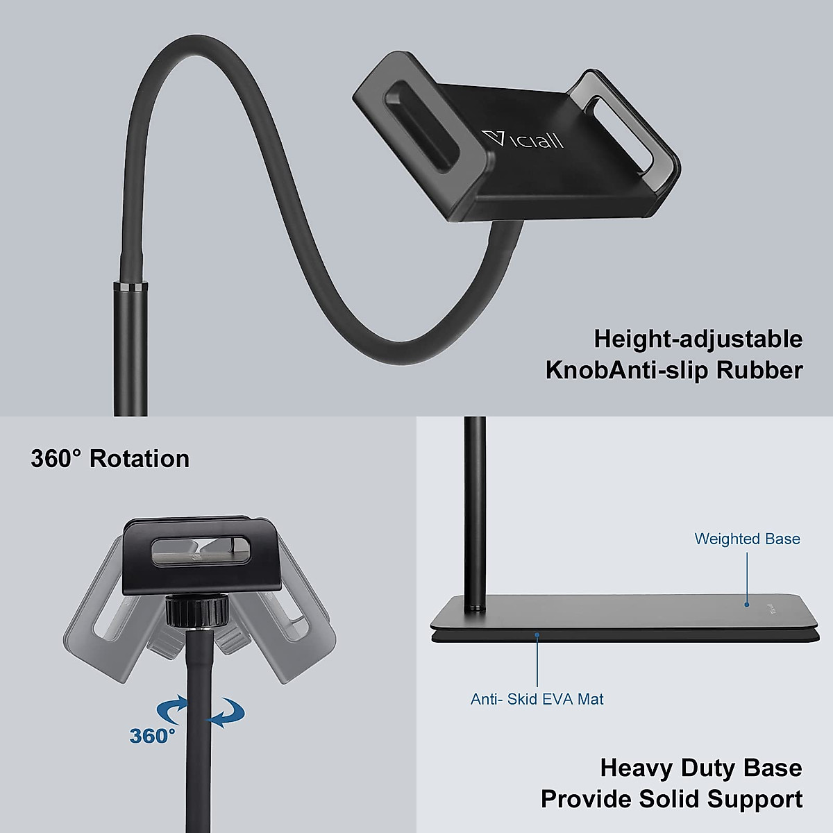 VICIALL Tablet Stand Adjustable, Gooseneck Swivel Tablet Holder Mount with Adjustable Height & Heavy Duty Stable Base, Compatible with iPad Mini, Galaxy Tab, Kindle, Cell Phones