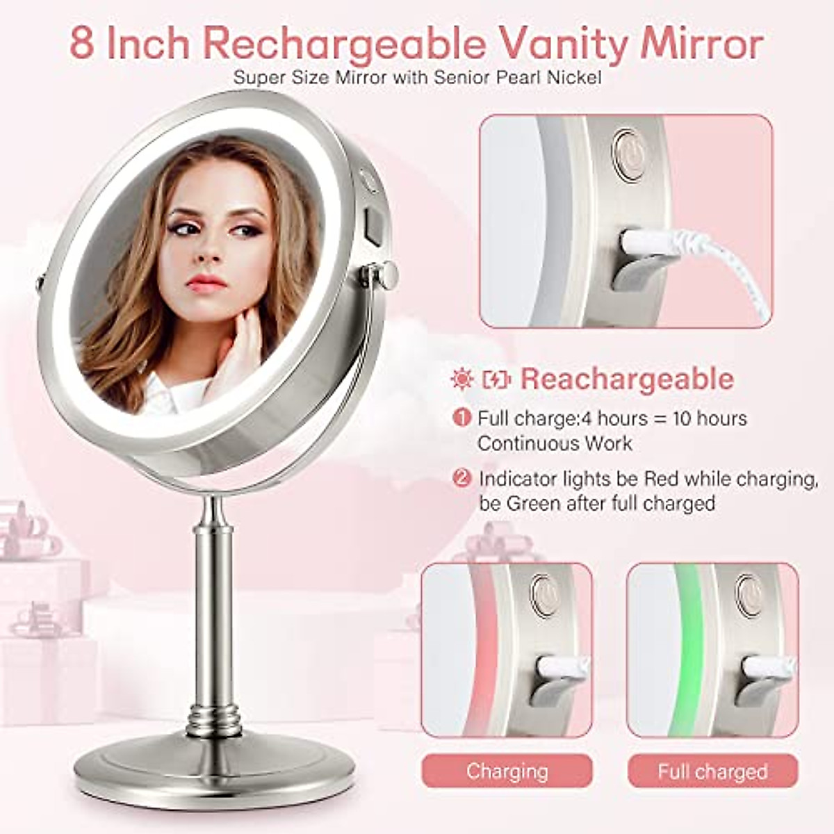 VESAUR 8" Rechargeable Lighted Makeup Mirror, 1X/10X Magnifying Mirror with 3 Colors 50 LED Lights, Touch Screen Brightness Adjustable, Removable Travel Vanity Mirror 360° Rotation, Senior Nickel