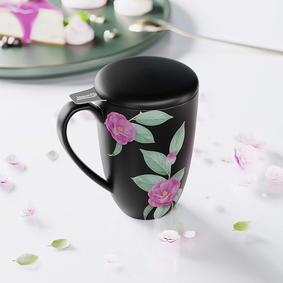 immaculife Tea Cup with Infuser and Lid Ceramic Tea Mug with Lid Teaware with Filter 16oz, Black Floral Print