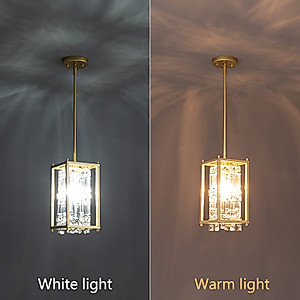 LMQNINE Dining Room Light Fixture Semi Flush Mount Ceiling Light, Industrial Farmhouse Chandelier Gold Metal Crystal Pendant Light for Hallway Balcony Kitchen Island (Square 1-Light)