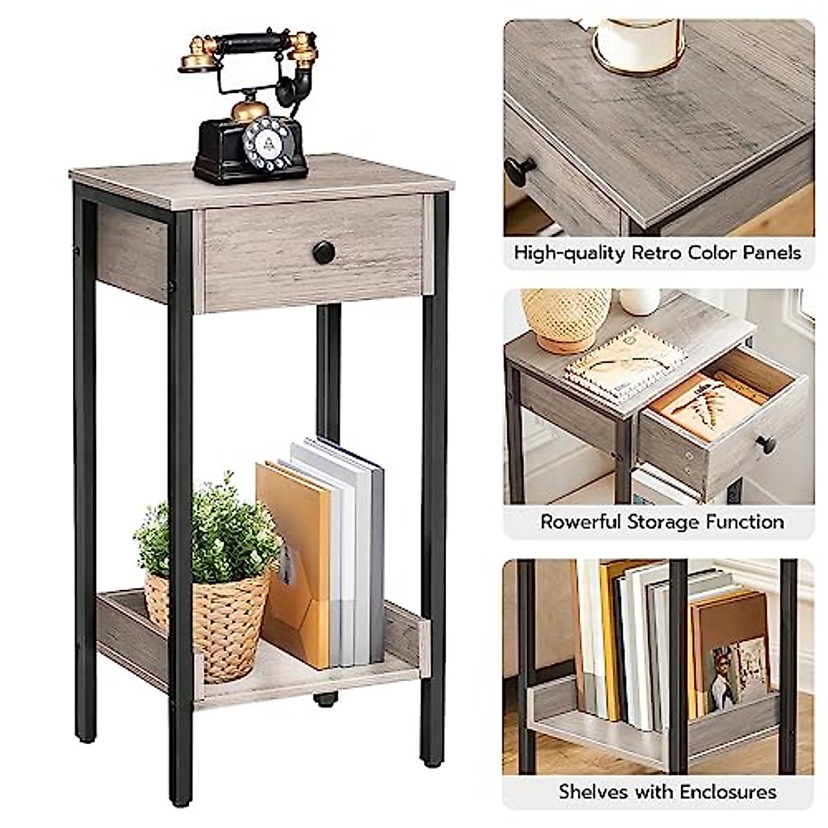 HOOBRO Tall Side Table, Nightstand, End Table with Drawer and Storage Shelf, Industrial End Telephone Table, for Study, Bedroom, Space Saving, Greige and Black BG71BZ01