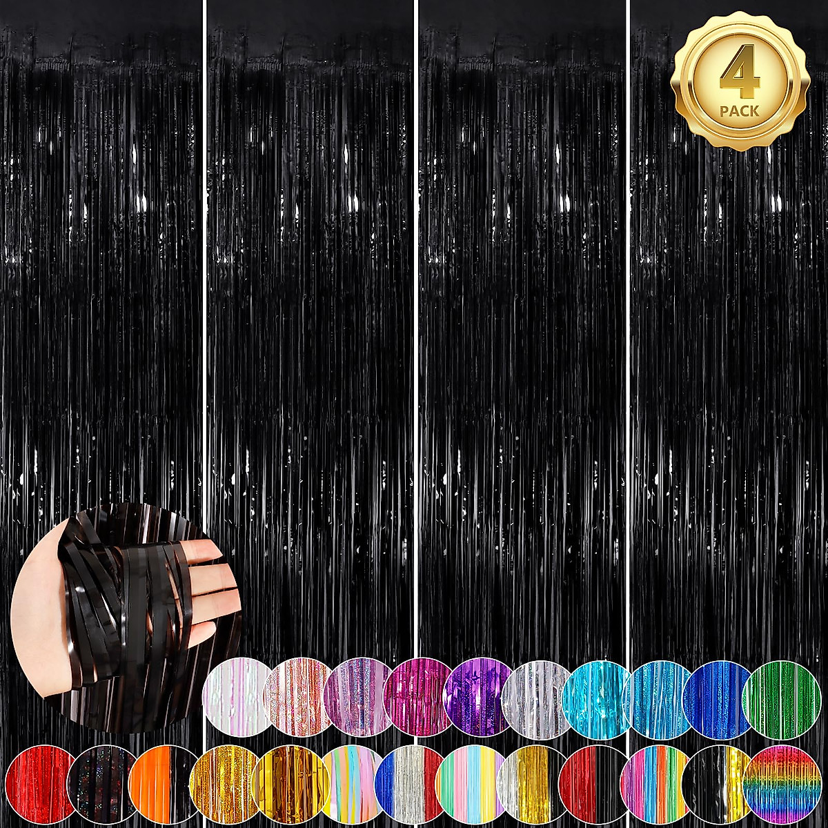 Black Metallic Tinsel Foil Fringe Curtains, 4 Pack 3.3x8.3 Feet Streamer Backdrop Curtains for Birthday Party Decorations, Halloween Decor, Foil Curtain Backdrop for Bachelorette Party