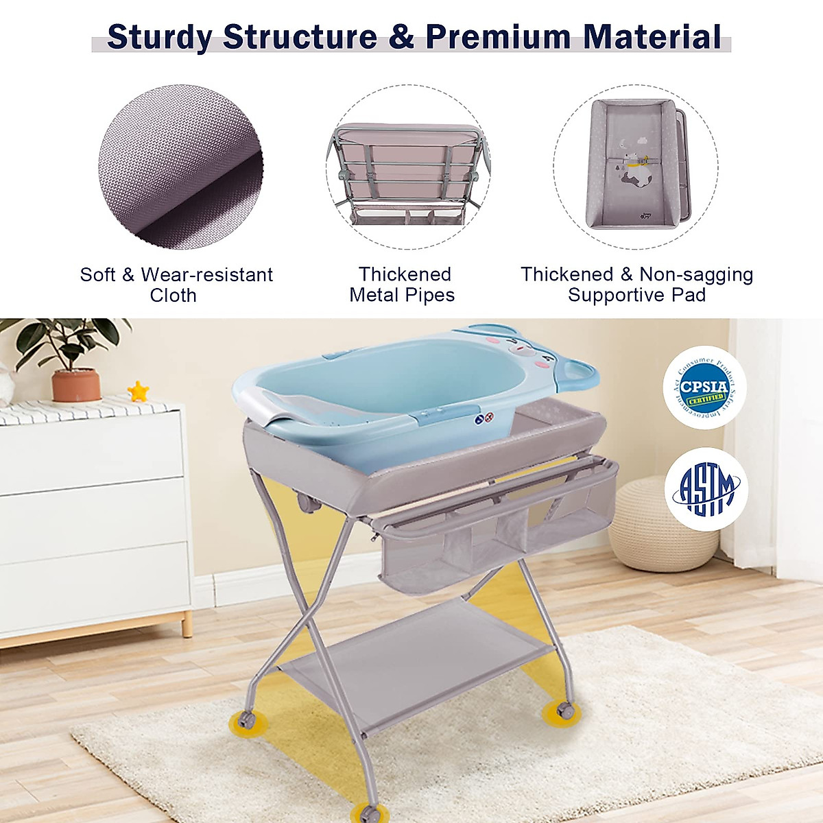 Costzon Portable Changing Table, Mobile Baby Changing Table with Wheels, Safety Belt, Large Storage Basket, Rack & Shelf, Folding Diaper Changing Station Nursery Organizer for Infant Newborn (Gray)