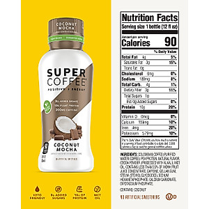 Super Coffee, Ready To Drink Iced Coffee, Coconut Mocha (12 Ounce Bottles, Pack of 12) - Low Net Carbs, No Added Sugar, Keto Friendly, 10g of Protein, Low Calorie, Protein Coffee, Smart Coffee