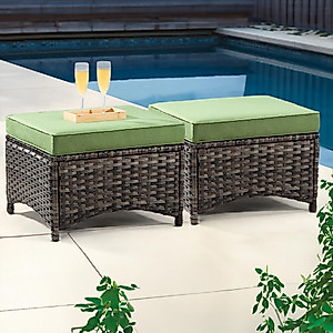 MeetLeisure Outdoor Ottomans for Patio Set of 2 PE Wicker Steel Frame Outdoor Footstool with Removable Olefin Cushions for Patio, Backyard and Deck,Green