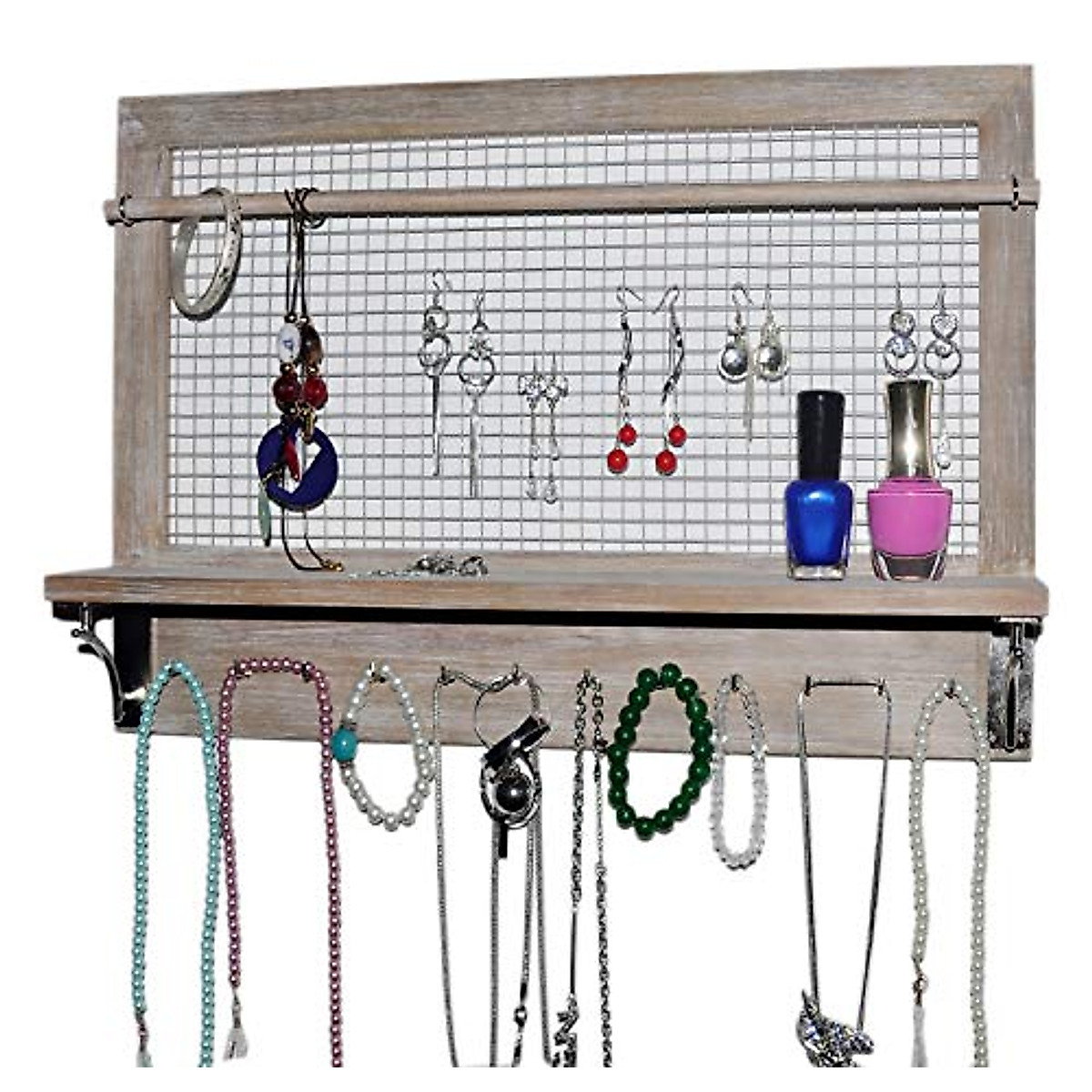 Spiretro Jewelry Organizer, Wall Mount Jewelry Holder Rack with Hooks Shelf and Removable Rod, Hanging Earrings Necklaces Bracelets Rings, Storage Accessories, Rustic Wood_Grey
