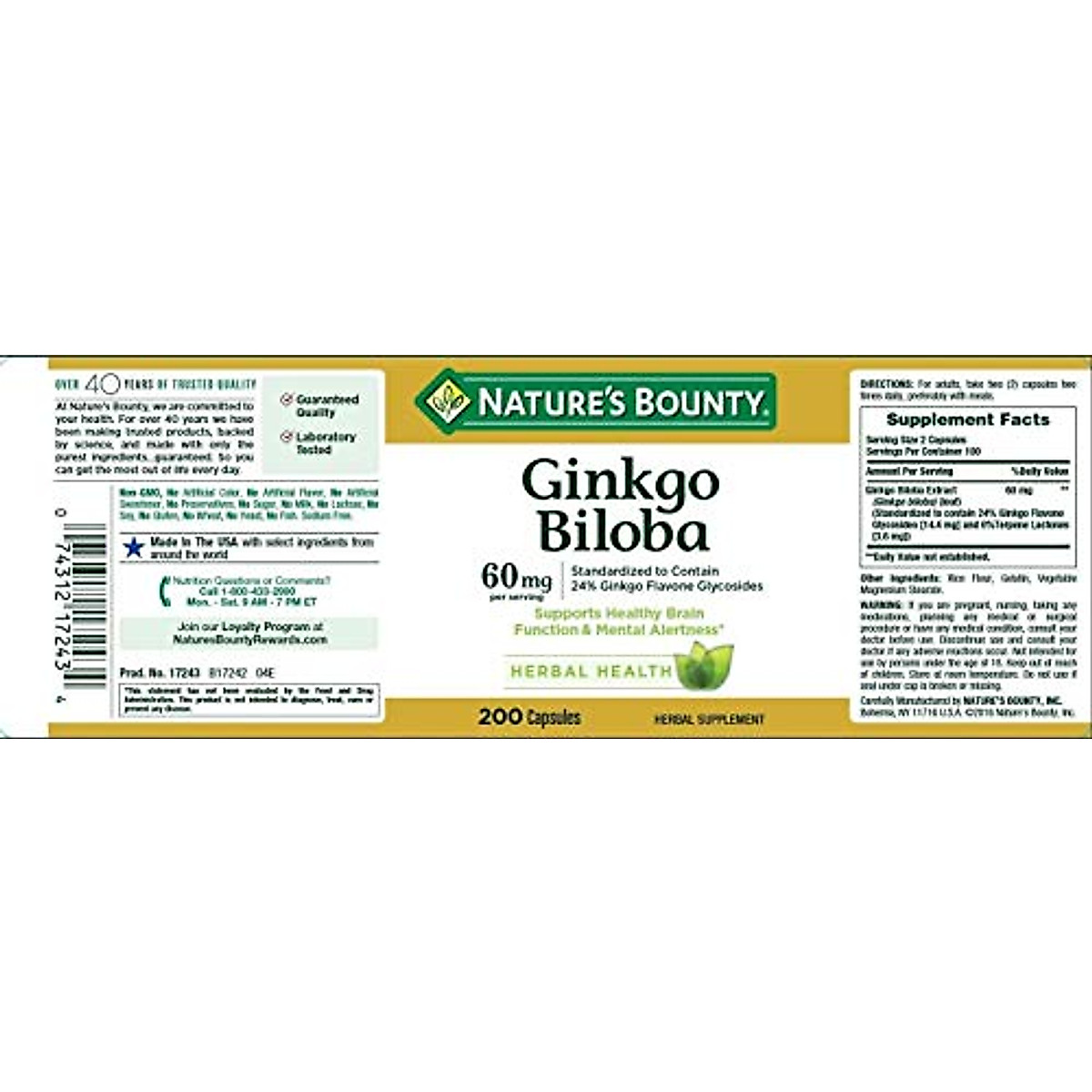 Nature's Bounty Ginkgo Biloba 60 Mg, 200 Capsules (17243)