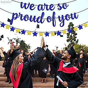 Glitter, We Are So Proud of You Banner - 10 Feet, No DIY | We Are So Proud of You Graduation Banner with Star Garland | Blue and Gold Graduation Decorations 2023 | Graduation Party Decorations 2023