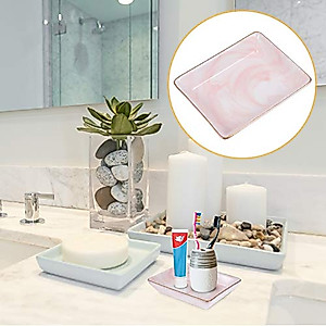 Cabilock 2PCS Bathroom Vanity Tray Marble Pattern Ceramic Toothbrush Holder Countertop Storage Organizer Decorative Jewelry Display Tray (Pink)