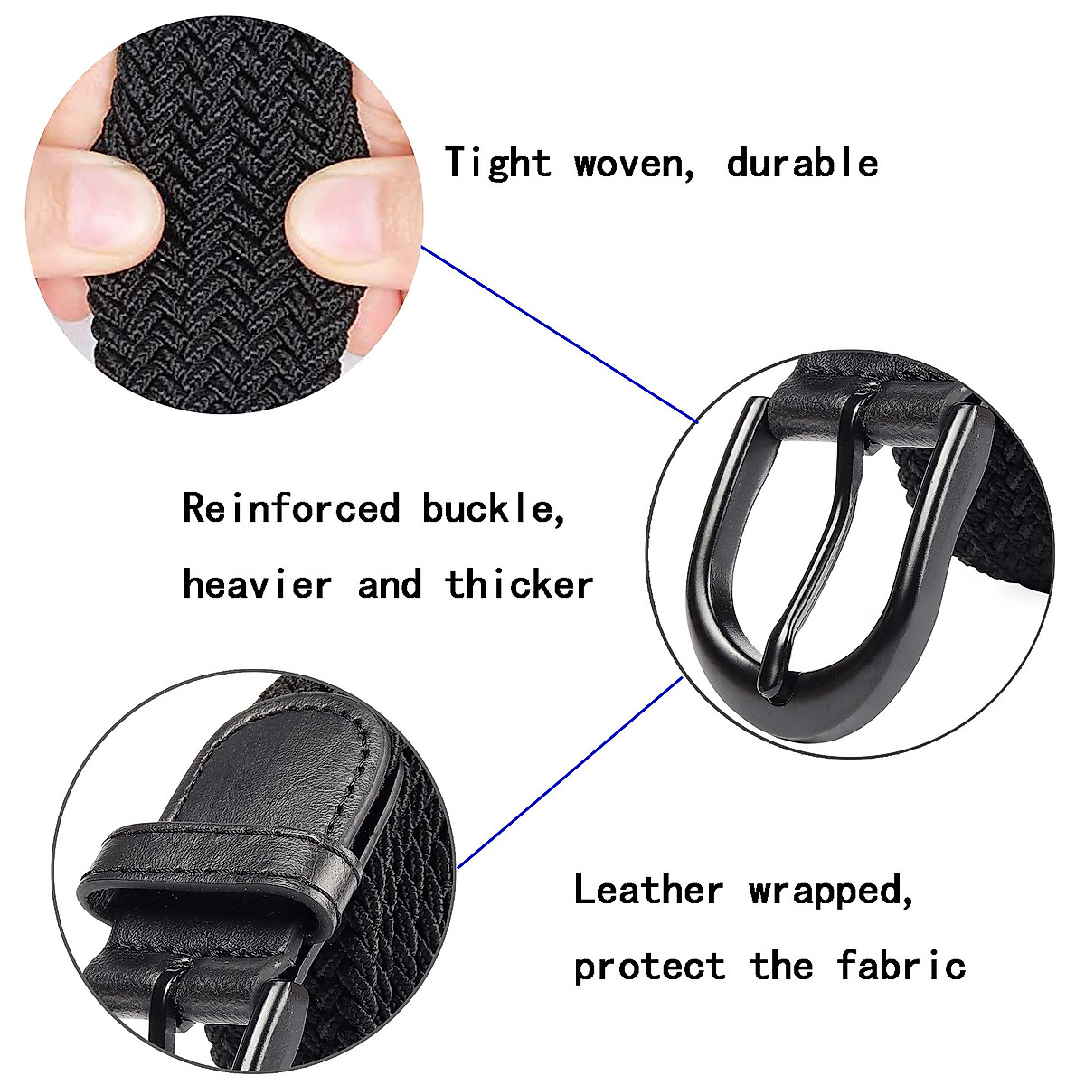 Mile High Life | Braided Stretch Elastic Belts | Pin Oval Solid Black Belt Buckle | PU Loop End Tip Men/Women/Junior