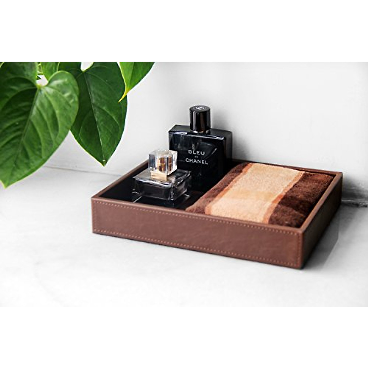 HofferRuffer Decorative Vanity Tray, Desktop Storage Organizer, Catchall Tray, Valet Tray, Nightstand or Dresser Organizer, PU Faux Leather Bathroom Tray, Brown, 10.2 x 8.4 x 1.8 inches