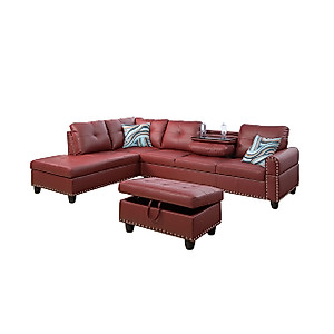 EZLUX Red Faux Synthetic Leather Left Chaise Sectional Sofa Couch Set with Storage Ottoman and Cup Holder for Living Room, Onesize