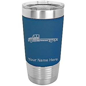 LaserGram 20oz Vacuum Insulated Tumbler Mug, Flat Bed Tow Truck, Personalized Engraving Included (Faux Leather, Blue)