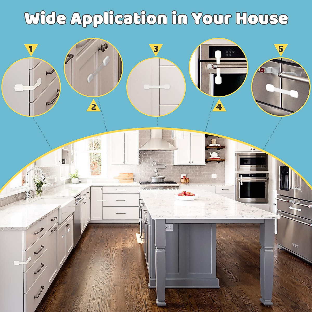 4our Kiddies 10 Pack Baby Proof Cabinet Latches, Childproof Drawer Latches with 6 Extra 3M Adhesives, Adjustable Child Safety Cabinet Strap Locks, Baby Drawer Locks for Kids and Child Safety