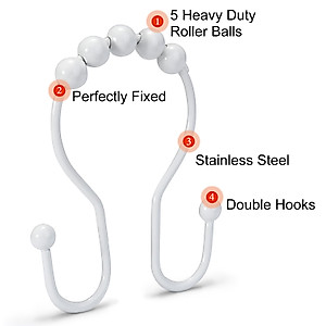 Goowin Shower Curtain Hooks, 12 Pcs Shower Curtain Rings, Stainless Steel Shower Curtain Hooks Rings Rust Proof, Smooth Sliding Anti-Drop Double Shower Hooks for Shower Curtain, Rods (White)