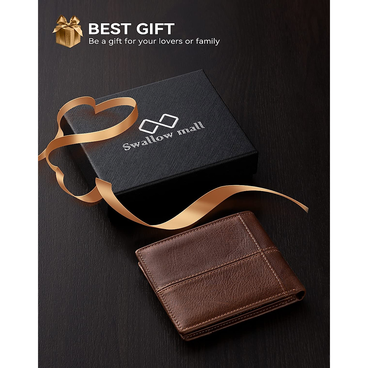 Swallowmall Mens Wallet RFID Blocking Genuine Leather Bifold Wallets For Men, ID Window 16 Card Holders with Gift Box