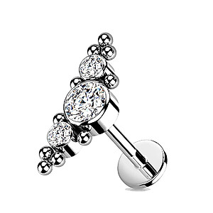 Dynamique Implant Grade Titanium Threadless Push In Labret, Flat Back Stud With 3 CZ And Ball Clusters Top for Cartilage, Lip, Nose (Sold Per Piece)