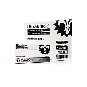 KingSeal LARGE UltraBlack Nitrile Exam Gloves, Medical Grade, Powder Free, 4 MIL, Textured Fingertips - 1 Box of 100 Gloves By Weight
