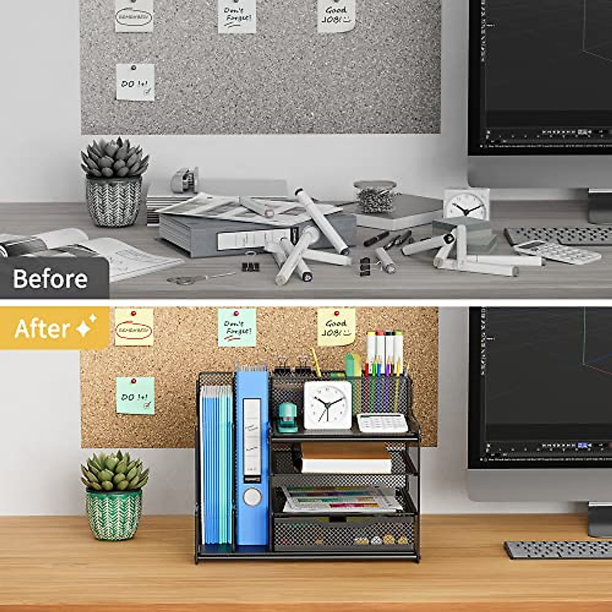 Egepon Office Desk Organizer with Upright File Holder, 4-Tier Mesh Letter Paper Tray Organizer with Multi-Functional Pen Holder and Sliding Drawer Office Supplies for Home Office School