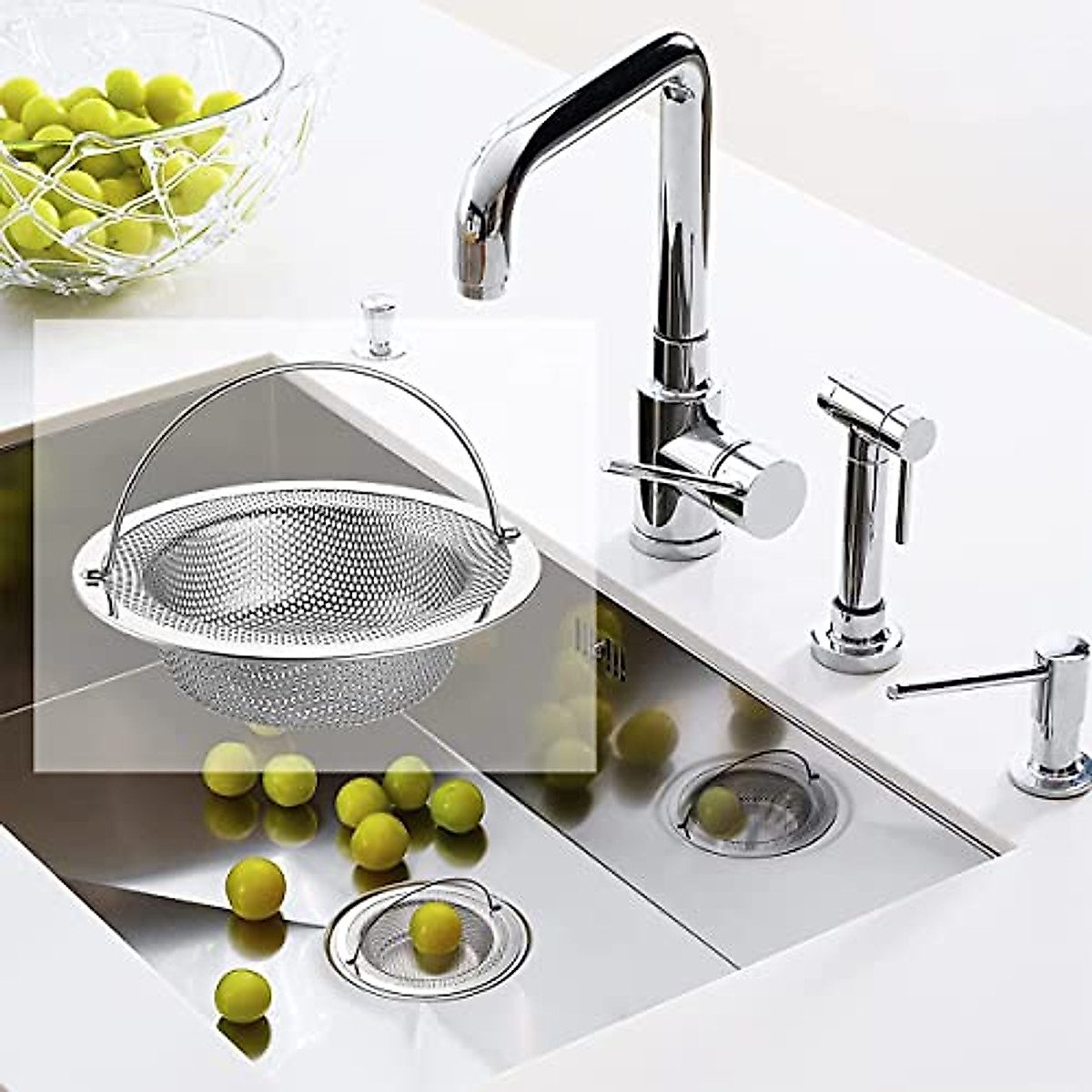 Kitchen Sink Strainer, 2 Pack Stainless Steel Sink Drain Basket, Full Mesh Hole 4.4" Deepen Large Sink Stopper with Handle for Most Sink Drains