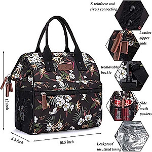 Insulated Lunch Bag, Wide-Open Lunch Box for Work/Picnic/Hiking/Beach/Fishing, Water-Resistant Leakproof Lunch Tote Bag for Women and Men (Flower Pattern+Shoulder Strap)