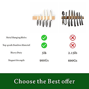 KITCHENDAO Bamboo Magnetic Knife Holder for Wall 17 inch Knife Magnetic Strip Bar Rack- 50% Stronger Magnet - Safe, Secure & Easy Storage Solution for Kitchen Knives, Metal Utensils & More