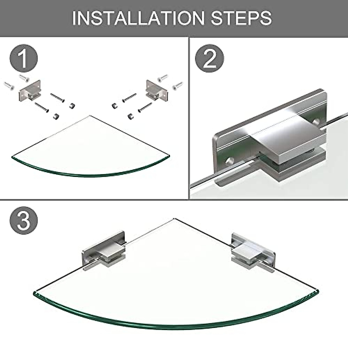 MOGFCT Bathroom Glass Shelf Shower Caddy Shelves with Aluminum Bracket Shampoo Holder Organizer Tempered Triangle Glass 8MM Extra Thick 2 Pack Wall