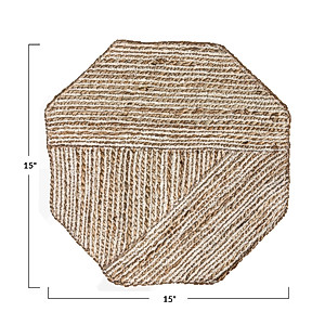 Bloomingville 15 Inches Cotton and Jute Embroidered Octagon Shaped, Natural and White Placemat