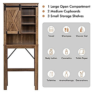Giantex Over The Toilet Storage Cabinet - Freestanding Toilet Rack with Sliding Barn Door, 3-Level Adjustable Shelves, Anti-Toppling Devices, Non-Slip Foot Pads, Bathroom Toilet Shelf, Rustic Brown