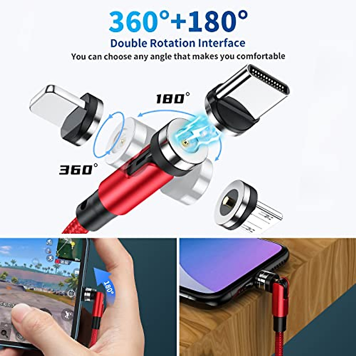 HYDOOD Magnetic Charging Cable (5-Pack, 10/10/6.6/3.3/1.6FT), 540° Rotation Magnetic Phone Charger Cable with LED Light Compatible with Micro USB, Type C and iProduct Device | Red Nylon-Braided Cord