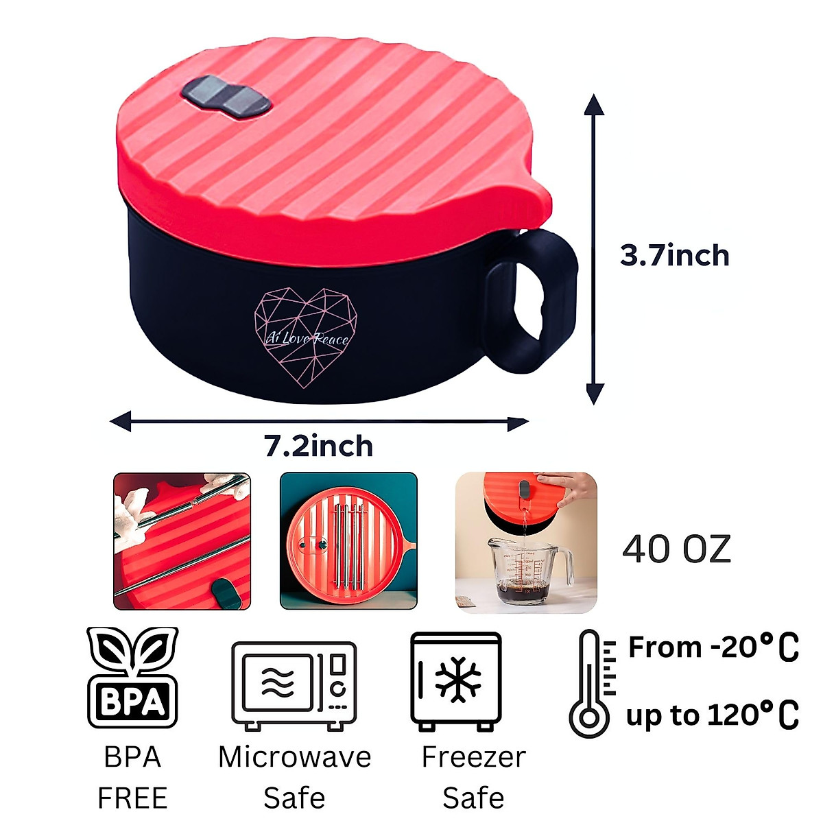 AI LOVE PEACE Microwave Ramen Bowl with Lid - Microwavable Noodle Cooker Container for Dorm Essentials, Ramen Maker, Meal Prep Microwave Safe Instant Noodles Soup Bowl - BPA Free, Dorm Room Gift (Red)
