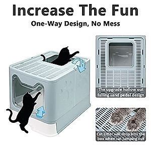 Foldable Cat Litter Box with Lid, Enclosed Cat Potty, Top Entry Anti-Splashing Cat Toilet, Easy to Clean Including Cat Litter Scoop and 2-1 Cleaning Brush (Blue), Large