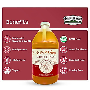 Vermont Castile Soap Patchouli Rose, Gentle Liquid Soap for Sensitive Skin & Natural Body Wash, Organic Hair Shampoo for Oily Hair, Aloe Castile Soap for Men & Women - 64 Oz