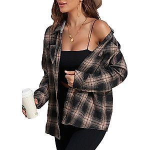 KevaMolly Plaid Long Sleeve Flannel Shirts for Women Loose Fit Boyfriend Button Down Shirt Casual Flannel Blouse Tops Brown Black M