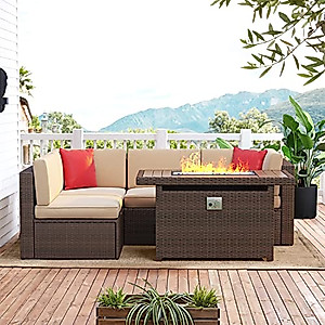 Aoxun 5 PCS Patio Furniture Set with 40" Fire Pit Table Outdoor Sectional Sofa Set Wicker Furniture Set for Children, Girls and People in Small Size, Brown