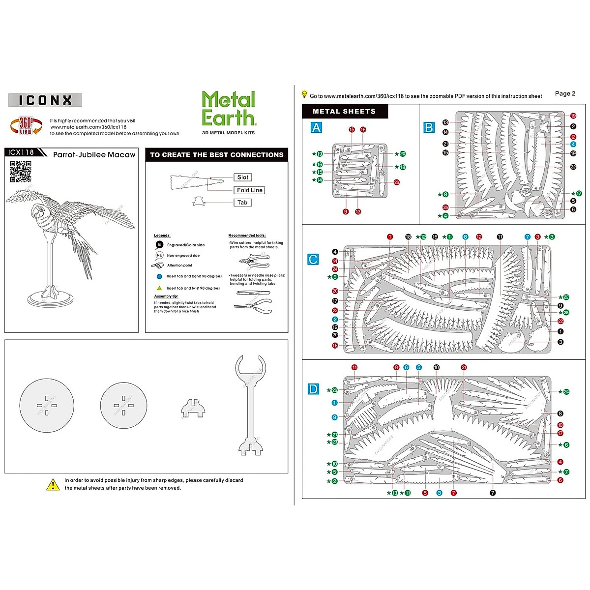 Metal Earth Fascinations Premium Series Jubilee Macaw Parrot 3D Metal Model Kit Bundle with Tweezers