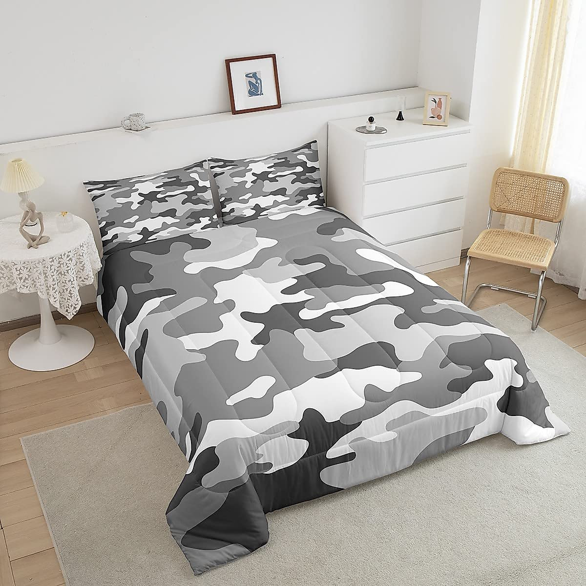 Homewish Boys Kids Camouflage Comforter Set Twin Size Black White Grey Bedding Set 2pcs for Teens Men Bedroom Decor Army Camo Abstract Quilt Set Modern Duvet Insert with 1 Pillowcase