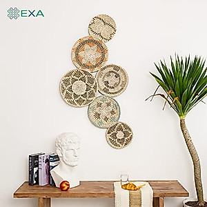 EXA Set of 6 Woven Wall Basket Fire Tribe Decor - Boho Farmhouse Rustic Coastal Room Style - for Thanksgiving Christmas Hanging Wall Art, Gift Idea, Table Settings - Handmade, Round, Natural Seagrass
