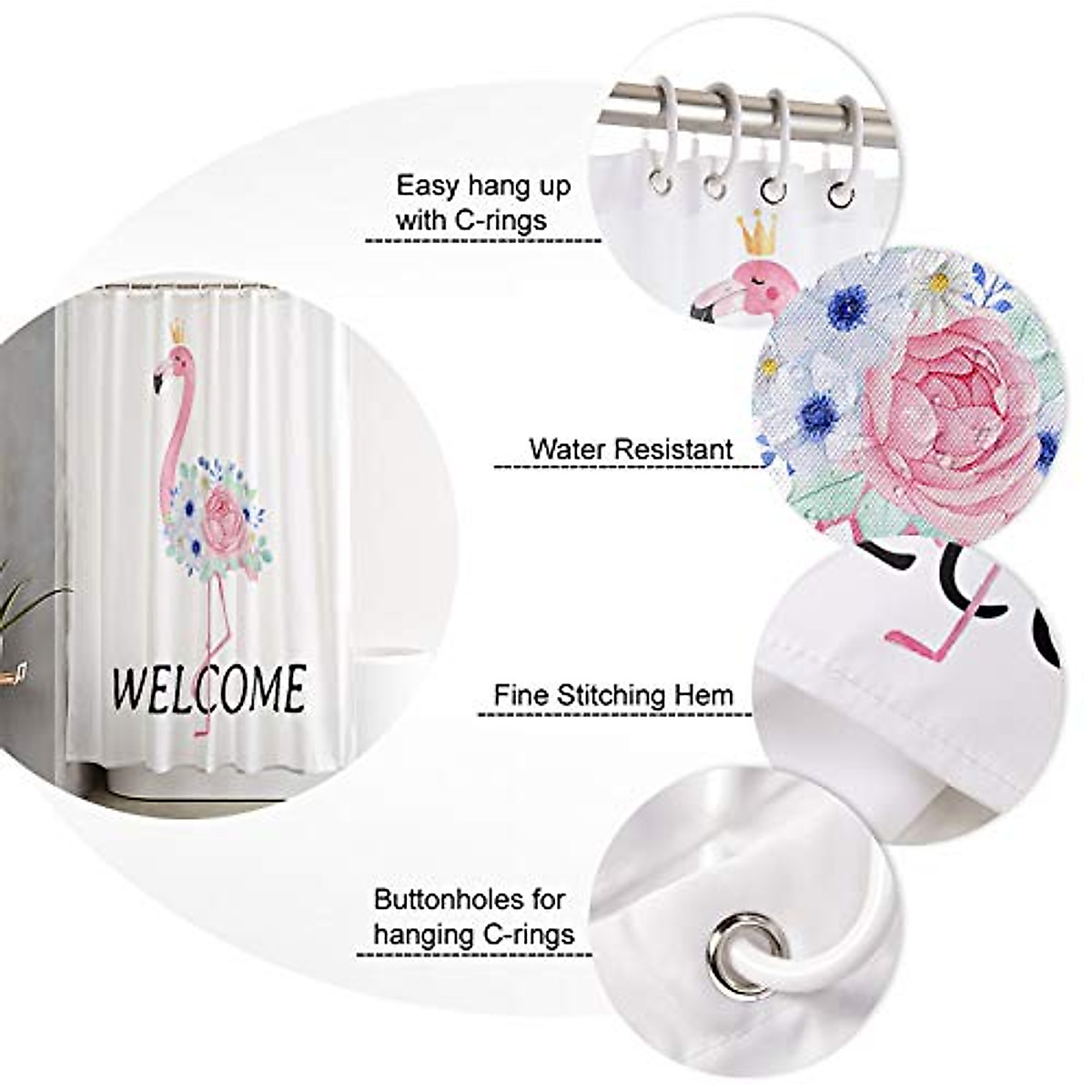 Shower Curtain, Summer Theme Pink Flamingo with Rose Washable Shower Curtain with Hooks Bath Decor Fabric Shower Curtains for Bathroom, Hotel, Stalls, Bathtubs, 72x78 in