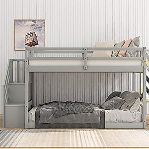 P PURLOVE Twin Over Twin Junior's Low Bunk Bed with Storage Stairs,Wood Floor Bunk Bed with Storage for Kids Teens,Floor Twin Size Bunk Bed with Slat, No Box Spring Need