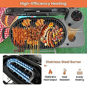 Giantex Gas Grill, Portable Propane Grill with 15,000 BTUs Burner, Side Table, 2 Wheels, Grease Tray, Metal Frame, Folding Stand-Up Propane Gas Grill for Outdoor Cooking Camping Barbecue (Black)