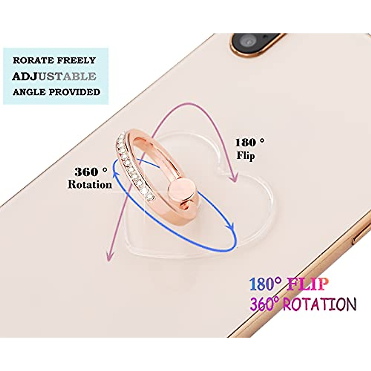 lenoup Transparent Heart Cell Phone Ring Holder Kickstand,Bling Bling Sparkle Diamond Clear Heart Cell Phone Finger Ring Grip Stand(Silver/Rose Gold)
