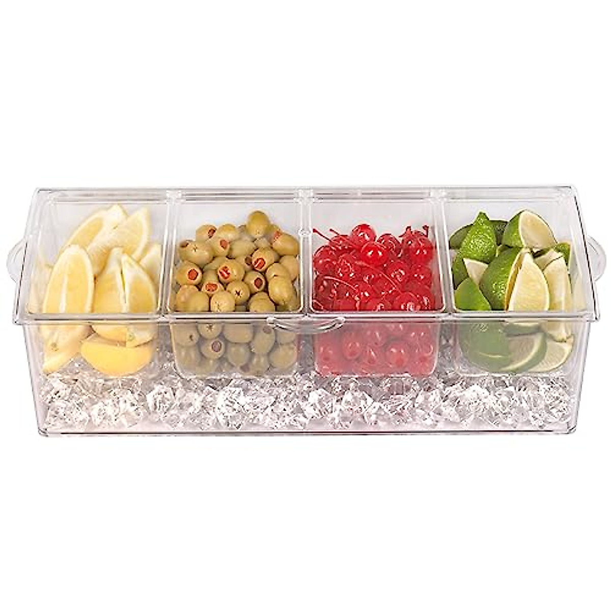 Ice Chilled 4 Compartment Condiment Server Caddy - Serving Tray Container with 4 Removable Dishes and Hinged Lid | 3 Serving Spoons + 3 Tongs Included