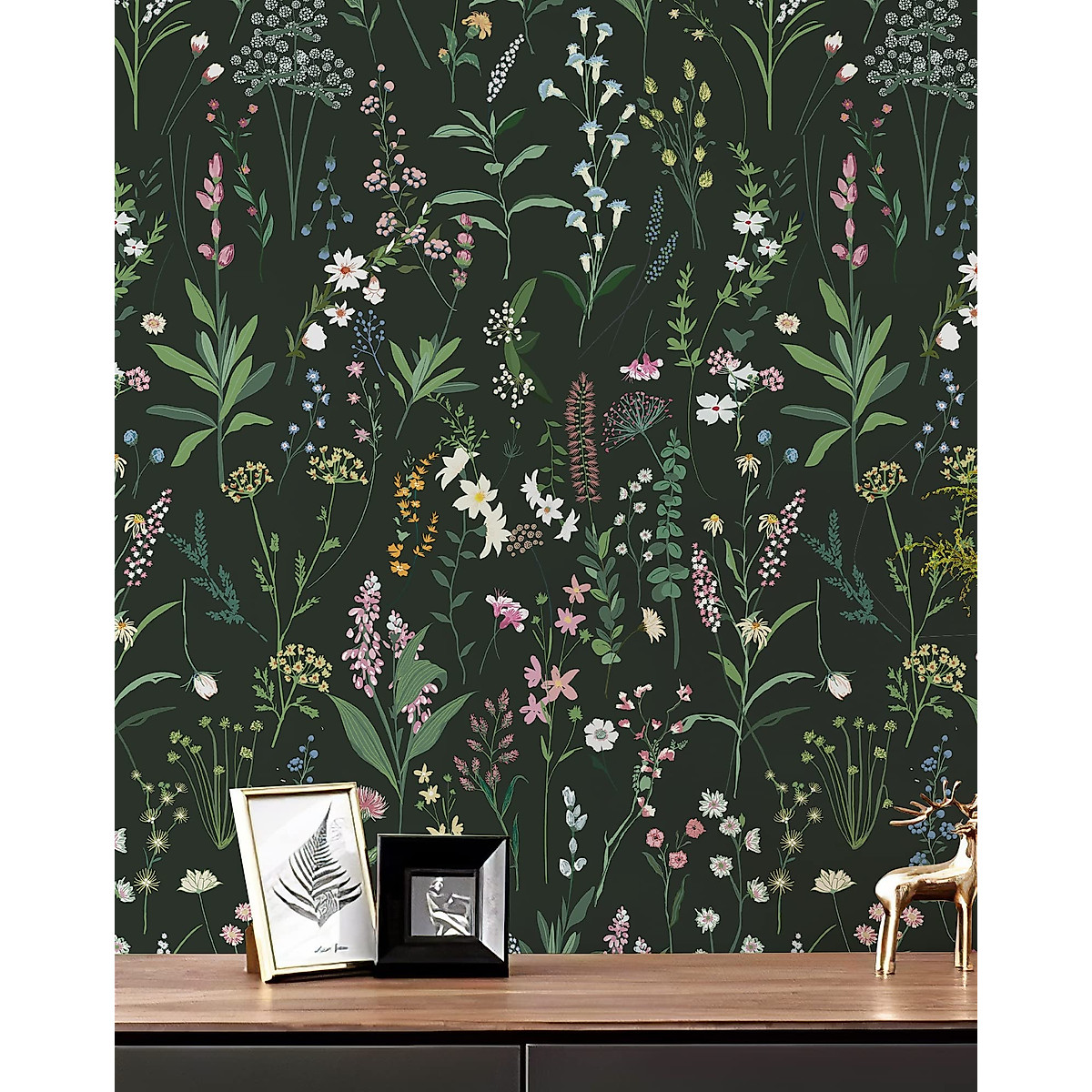 JiffDiff Floral Wallpaper Peel and Stick 118" x 17.3" Farm Floral Wildwood Stick onWall Paper Dark Self Adhesive Contact Paper Coverage 14.2 sq.ft