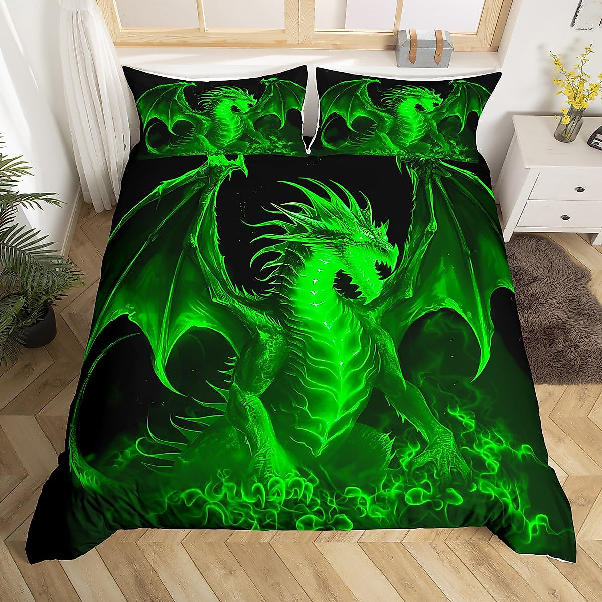 Castle Fairy Green Dragon Bedding Set Kids Boys Games Comforter Cover Flame Wild Animal Duvet Cover Room Decor Green Black Wildlife Bedspread Cover Twin Bedding Collection 2Pcs