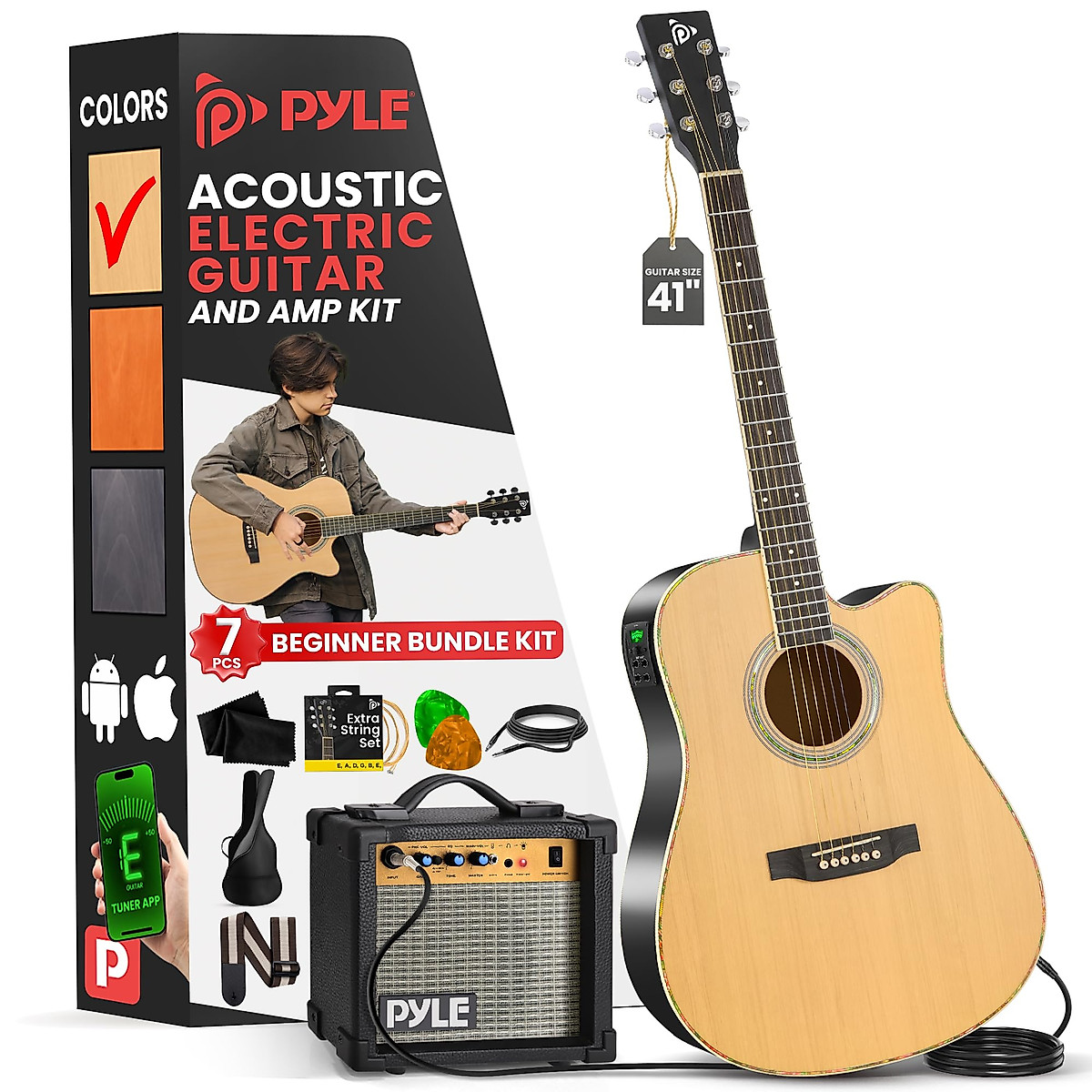 Pyle Cutaway Acoustic Electric Guitar and Amp Kit, 4/4 Full Size Spruce Wood Body with 10W Amplifier, Gig Bag, Strap, Extra Steel Strings, Picks, Cable, for Beginners and Adults, Natural