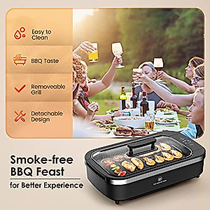 Smokeless Indoor Grill-Electric Grill with Tempered Glass Lid, Removable Nonstick Grill Plate, 15" x 9" Surface,Turbo Smoke Extractor Technology, LED Smart Temperature Control, Anti-slip Base,1500W,Black.