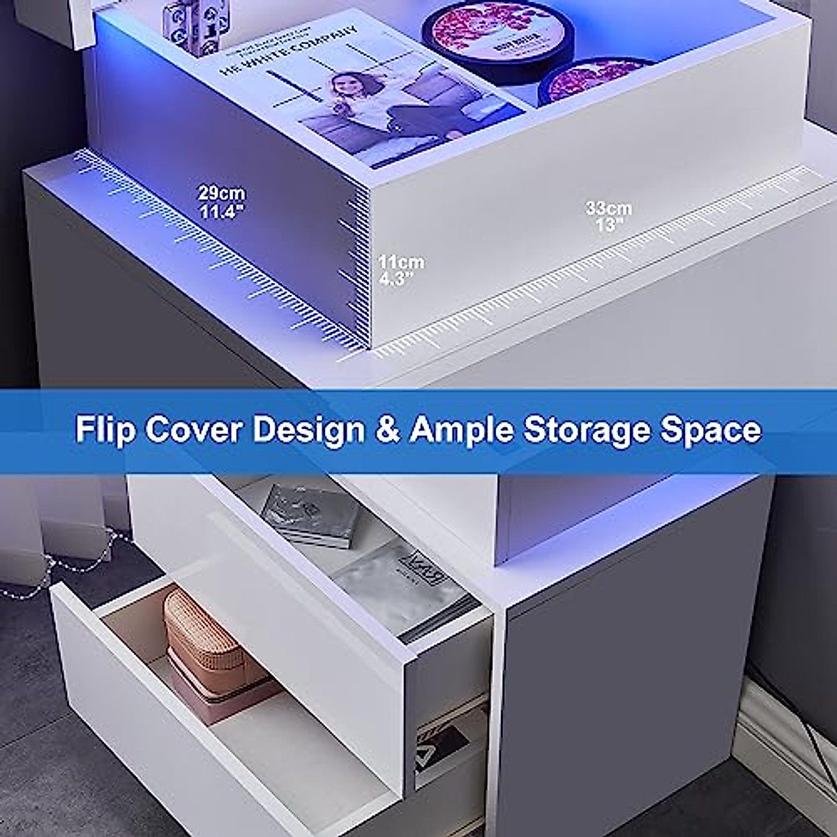 CLIPOP Modern Nightstand, LED Night Stand with 2 High Gloss Chest of Drawers, Bedside Table Cabinet with Remote Control Light, Wood Matte Nightstand 20.6" Tall Bedroom Furniture, White