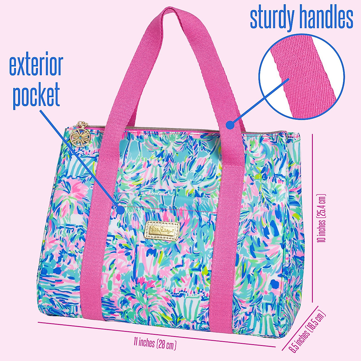 Lilly Pulitzer Cute Lunch Bag for Women, Large Capacity Insulated Tote Bag, Blue Mini Cooler with Storage Pocket and Shoulder Straps, Cabana Cocktail