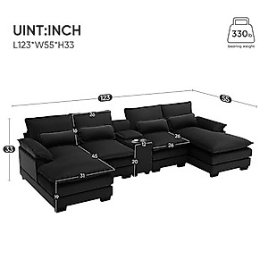 Acosure 123" L Modern U-Shaped Sofa with Double Cushions & 4 Waist Pillows,6-seat Upholstered Symmetrical Sleeper Couch Set W/Chaise & Console,Cupholders & USB Ports,for Living Room,Apartment,Black